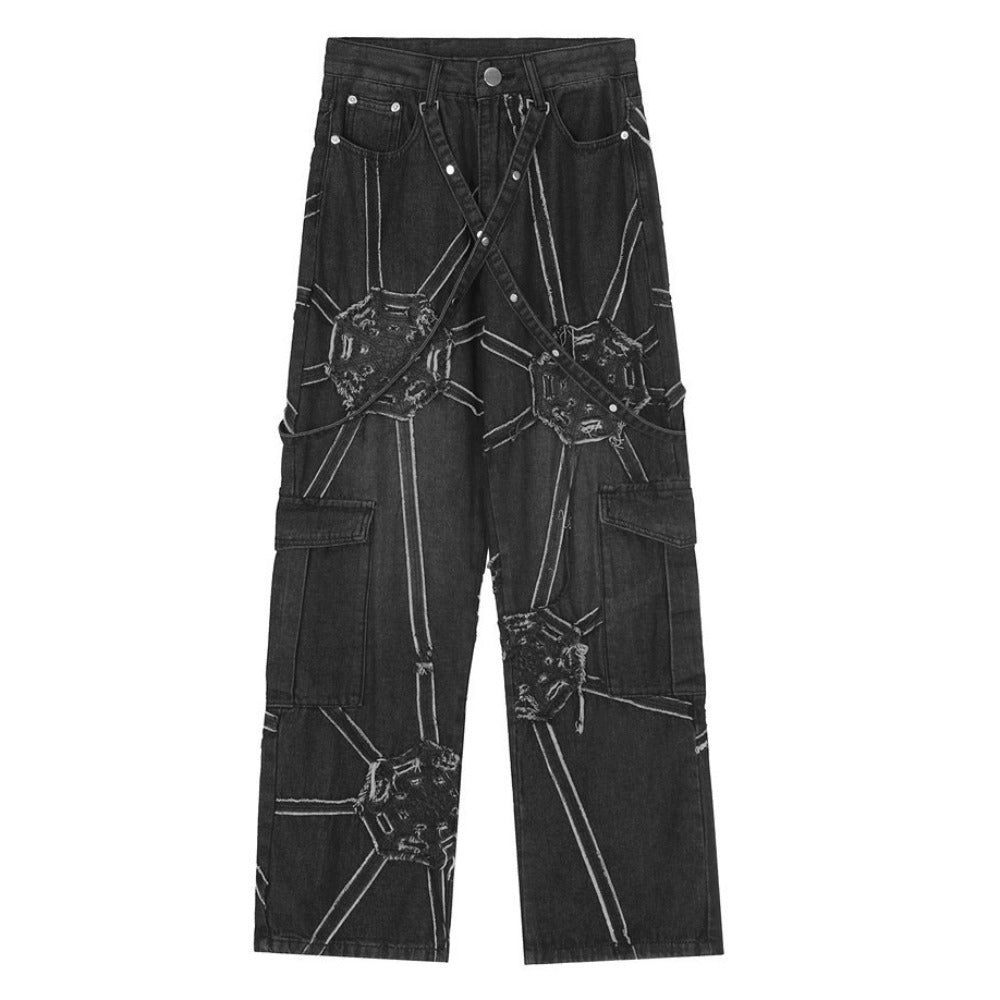 Spider Web Strap Distressed Cargo Jeans – Thrashink